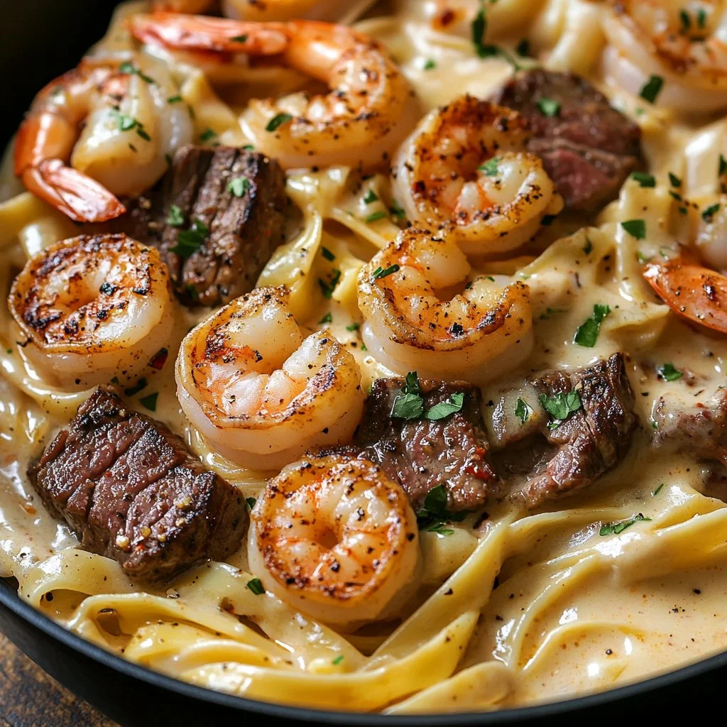 Cajun Shrimp and Steak Alfredo Pasta