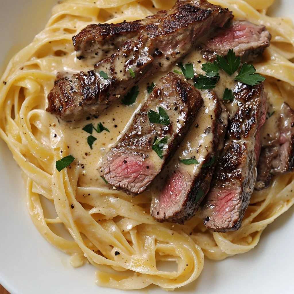 Creamy Steak Alfredo with Fettuccine Pasta